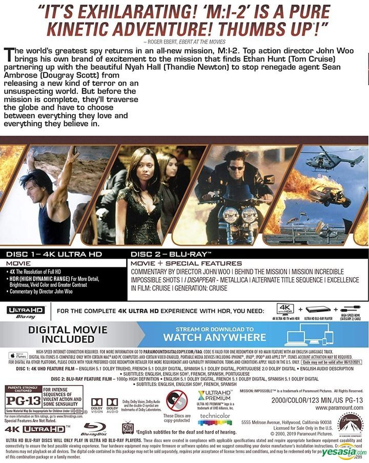 YESASIA : 不可能的任務 2 (2000) (4K Ultra HD + Blu-ray + Digital) (美國版) Blu-ray - 丹迪紐頓, 德格利史葛 ...