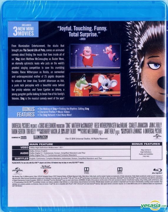 YESASIA: Sing (2016) (Blu-ray) (Hong Kong Version) Blu-ray - Garth Jennings, Christophe ...